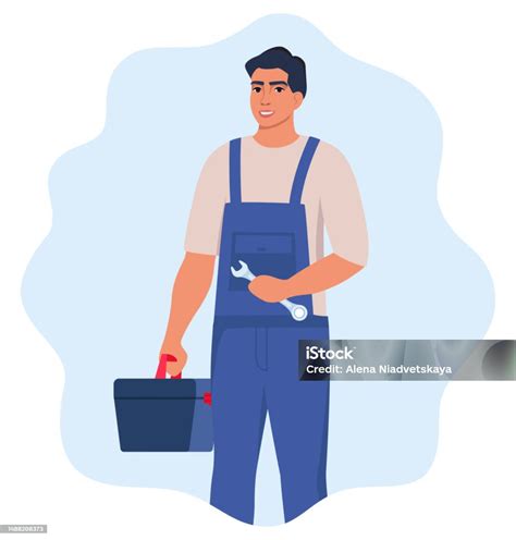 도구 상자를 가진 수리공 또는 정비사 손에 렌치를 들고 제복을 입은 남자 캐릭터 벡터 그림입니다 핸디맨에 대한 스톡 벡터 아트 및 기타 이미지 Istock