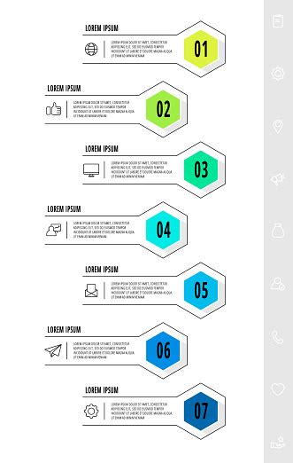 7 가지 옵션과 화살표가있는 육각형 인포 그래픽 디자인 템플릿 벡터 비즈니스 라인 개념 다이어그램 웹 배너 프리젠 테이션 플로우 차트 정보 그래프 타임 라인 콘텐츠 수준에