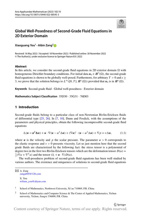 Global Well Posedness Of Second Grade Fluid Equations In 2d Exterior Domain Request Pdf