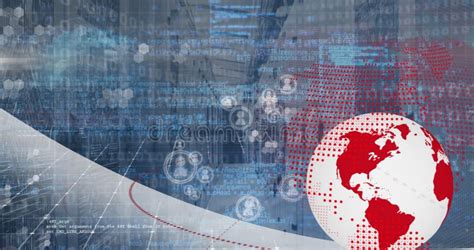 Image Of Spinning Globe Profile Icons And Data Processing Over Empty Computer Server Room Stock