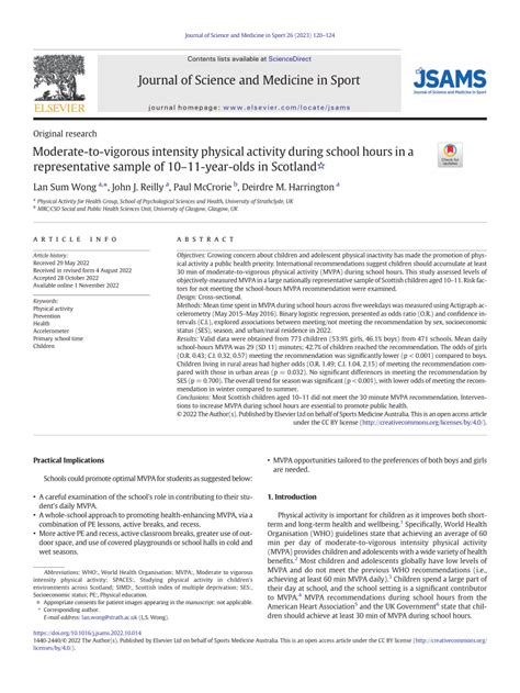 Pdf Moderate To Vigorous Intensity Physical Activity During School Hours In A Representative