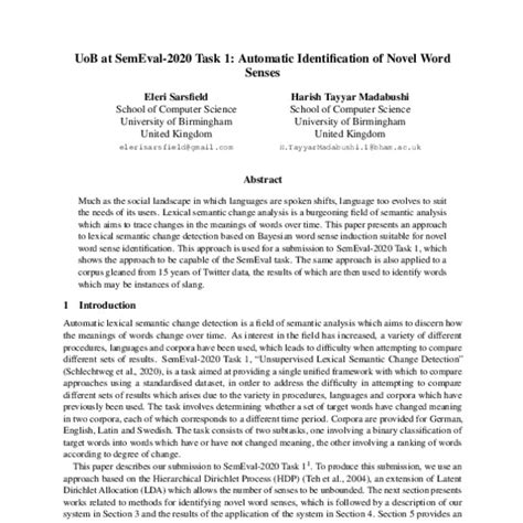 UoB At SemEval 2020 Task 1 Automatic Identification Of Novel Word Senses ACL Anthology