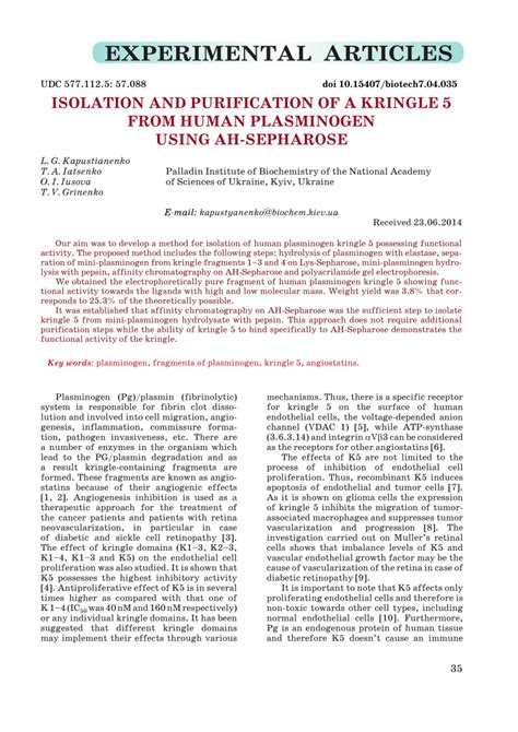 Pdf Isolation And Purification Of A Kringle 5 From Human Plasminogen Using Ah Sepharose