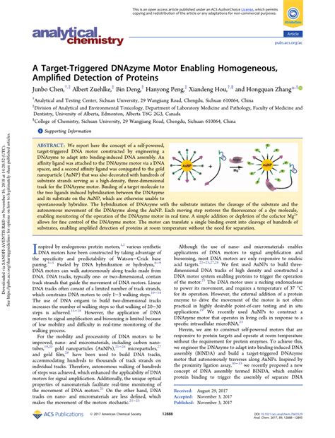 Pdf A Target Triggered Dnazyme Motor Enabling Homogeneous Amplified Detection Of Proteins