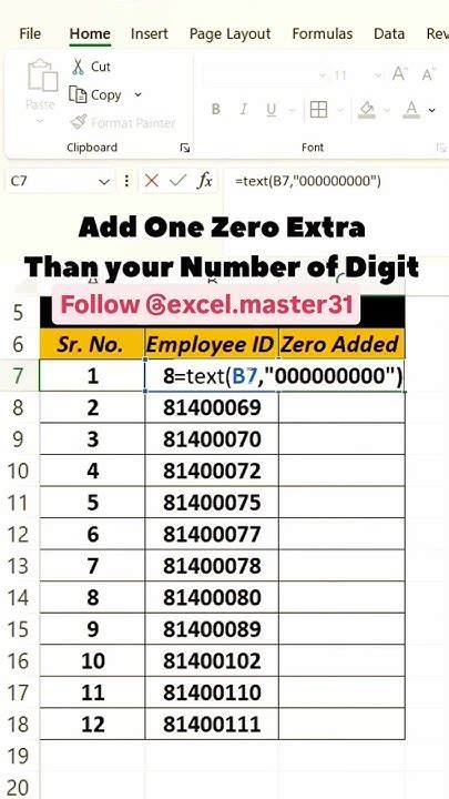 How To Add Zero Before Numbers In Excel Use Text Function Youtube