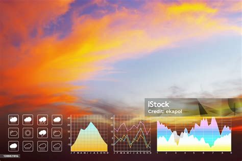 기상 예보 배경에 대한 다채로운 황혼 열대 여름 하늘의 극적인 대기 파노라마보기에 그래프와 차트와 일기 예보 기호 데이터 프리젠