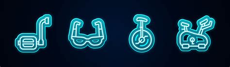 세트 라인 자전거 페달 스포츠 사이클링 선글라스 외발 자전거 한 바퀴 자전거 및 고정식 빛나는 네온 아이콘입니다 벡터 1에 대한 스톡 벡터 아트 및 기타 이미지 Istock