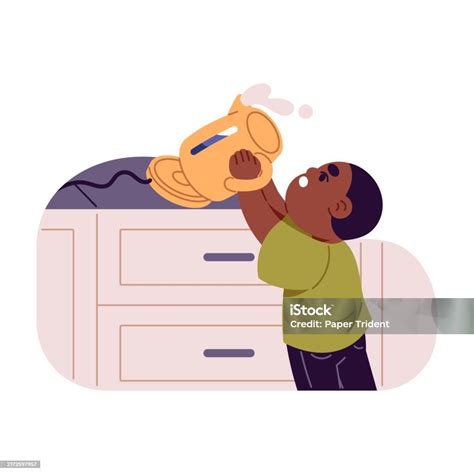 무서운 어린 소년이 끓는 찻주전자를 떨어뜨립니다 아이는 뜨거운 물이 담긴 전기 주전자를 가져 가고 실패합니다 아이가 화상을 입을 위험이 있습니다 부엌의 위험 흰색 배경에