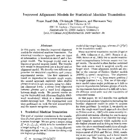 Improved Alignment Models For Statistical Machine Translation Acl Anthology