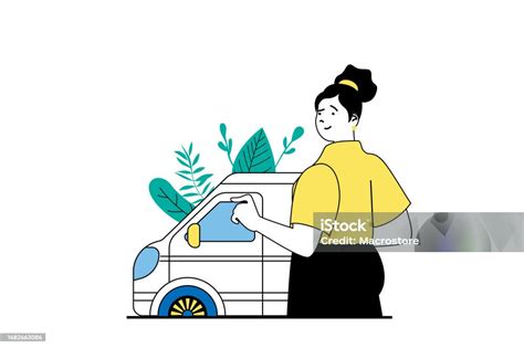 플랫 웹 디자인에서 사람들 장면을 가진 녹색 에너지 개념 대체 에너지 충전 기술이 적용된 스마트 전기 자동차를 사용하는 여성 소셜 미디어 배너 마케팅 자료에 대한 벡터