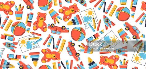 다양한 어린이 장난감과 원활한 패턴 행복한 어린 시절의 상징 친구와 함께 게임을 재생합니다 패턴에 대한 스톡 벡터 아트 및 기타 이미지 Istock