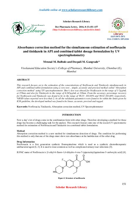 Pdf Absorbance Correction Method For The Simultaneous Estimation Of Norfloxacinand Tinidazole