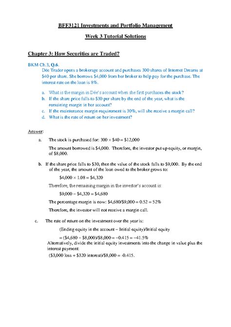 Week 03 Tutorial Solutions BFF 3121 Investments And Portfolio Management Week 3 Tutorial
