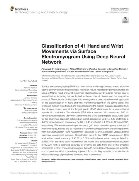 Pdf Classification Of 41 Hand And Wrist Movements Via Surface Electromyogram Using Deep Neural