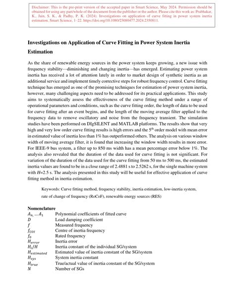 Pdf Investigations On Application Of Curve Fitting In Power System Inertia Estimation