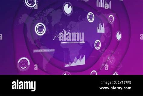 graphs and charts animation over world map in purple tones data