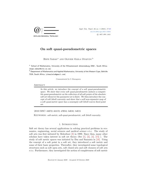 Pdf On Soft Quasi Pseudometric Spaces