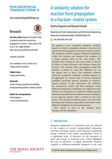 A Similarity Solution For Reaction Front Propagation In A Fracture Matrix System Request Pdf