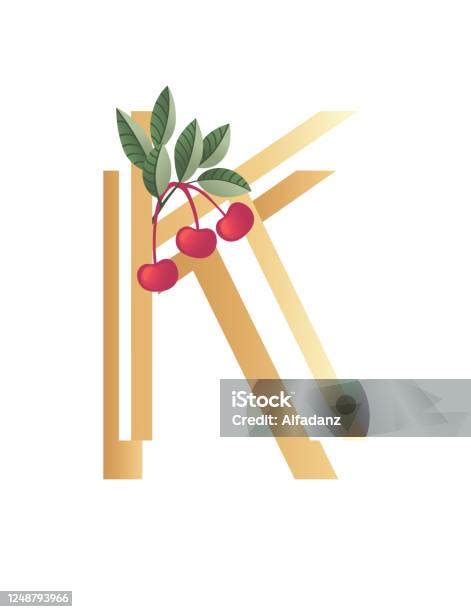 녹색 잎과 빨간색 열매 에코 글꼴 평면 벡터 로 덮여 그라데이션 스타일 베이지 색 문자 K 흰색 배경에 고립 그라데이션에 대한