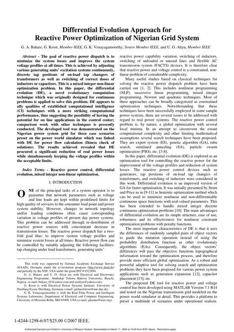 Pdf Differential Evolution Approach For Reactive Power Optimization Of Nigerian Grid System