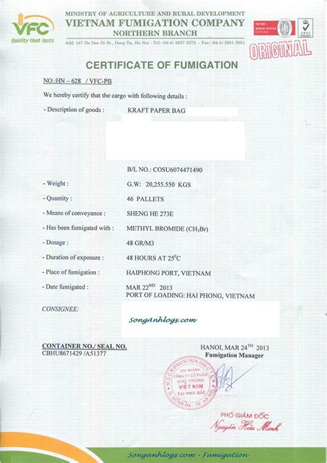 Fumigation Certificate For Export Fumigation Certificate For Export