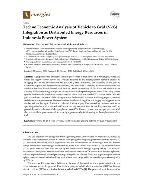 Pdf Techno Economic Analysis Of Vehicle To Grid V2g Integration As Distributed Energy