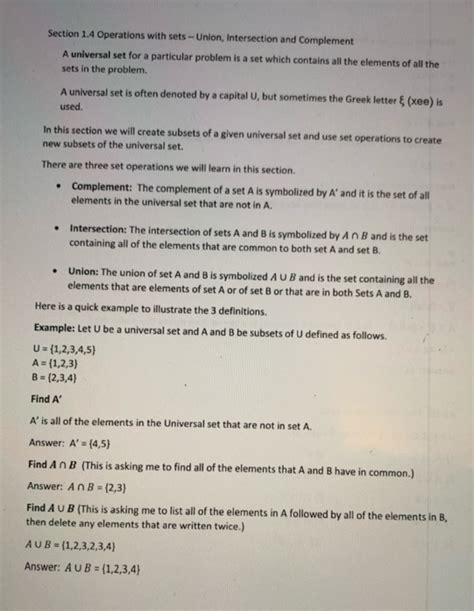Solved Section Operations With Sets Union Intersection Chegg Com