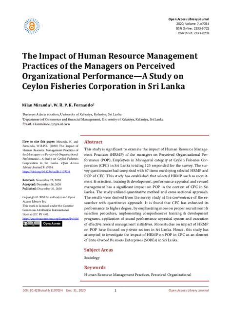 Pdf The Impact Of Human Resource Management Practices Of The Managers On Perceived