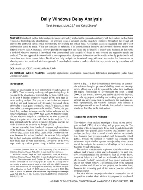 Daily Windows Delay Analysis Tarek Hegazy Masce And Kehui Zhang