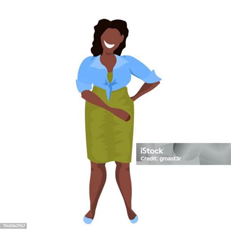 뚱뚱한 뚱뚱한 여자 서 있는 자세 아프리카계 미국인 중량이 초과 된 우연한 여자 비만 개념 여성 만화 성격 전체 길이 편평한