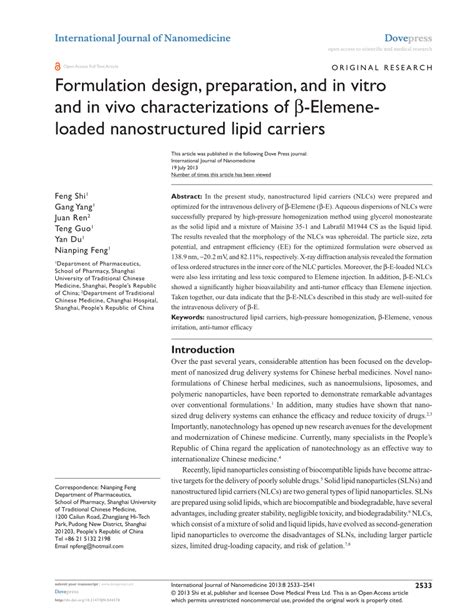 PDF Formulation design preparation and in vitro and in vivo characterizations of β Elemene