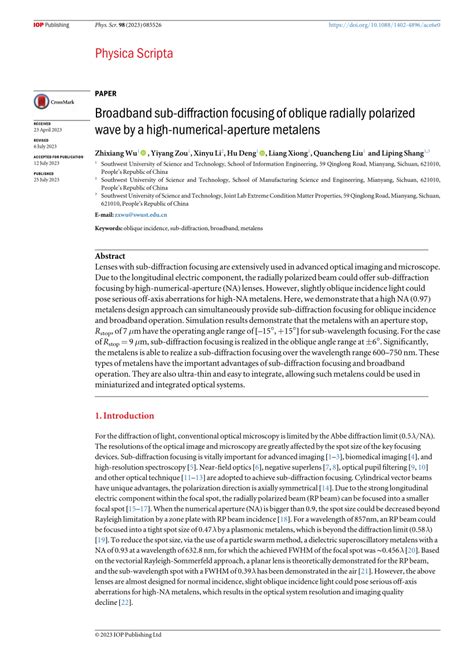 Broadband Sub Diffraction Focusing Of Oblique Radially Polarized Wave