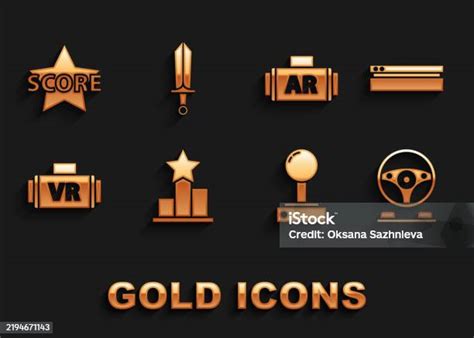 세트 스타 비디오 게임 콘솔 레이싱 시뮬레이터 조종석 아케이드 기계용 조이스틱 가상 현실 안경 Ar 증강 및 검 아이콘 벡터 1위에 대한 스톡 벡터 아트 및 기타 이미지