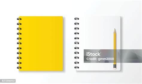 노란색 흰색 책상 배경 빈 종이 커버 벡터 일러스트 레이 션에 노트북과 노란색 연필 상위 뷰 나선형에 대한 스톡 벡터 아트 및 기타 이미지 Istock
