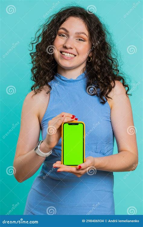 Developer Woman Girl Hold Smartphone with Green Screen Chroma Key Mock Up Recommend Good ...