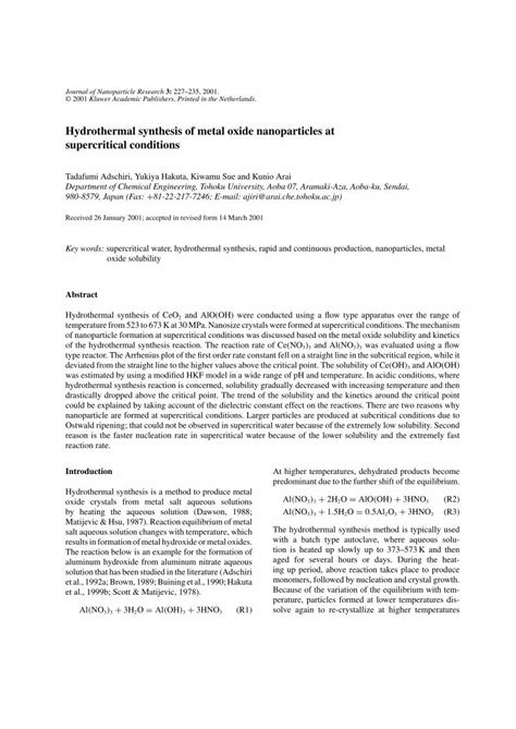 Pdf Hydrothermal Synthesis Of Metal Oxide Nanoparticles At Supercritical Conditions Dokumentips