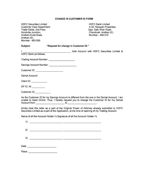 Fillable Online CHANGE IN CUSTOMER ID FORM HDFC Securities Fax Email Print PdfFiller