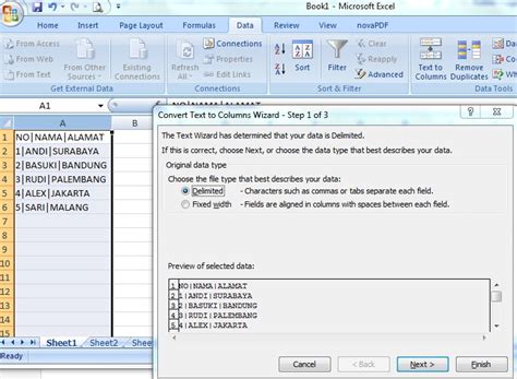 Text To Columns Convert Data Satu Column Delimited Menjadi Beberapa Column Di Excel