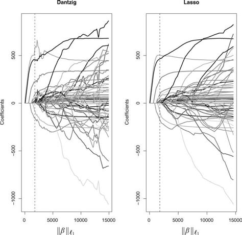Coefficient Profiles As A Function Of β ℓ 1 For The Dantzig Selector Download Scientific