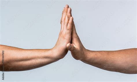 Two Hands Gestures Giving High Five Two Hands Male And Man High