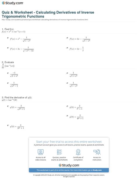 Trig Derivatives Worksheets