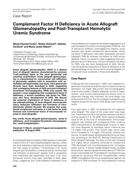 Pdf Complement Factor H Deficiency In Acute Allograft Glomerulopathy