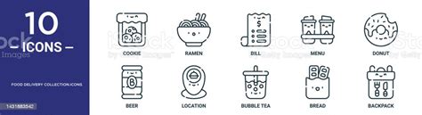 음식 배달 Collectionicons 개요 아이콘 세트에는 얇은 줄 쿠키 청구서 도넛 위치 빵 배낭 보고서 프리젠 테이션 다이어그램 웹 디자인을위한 맥주 아이콘이