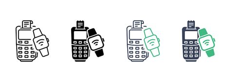 스마트 워치 및 은행 단말기 무선 결제 라인 및 실루엣 아이콘 세트 구매 픽토그램을 위해 스마트 시계로 지불하십시오 Pos 및 전자 팔찌 기호 컬렉션 고립된 벡터 그림 지켜