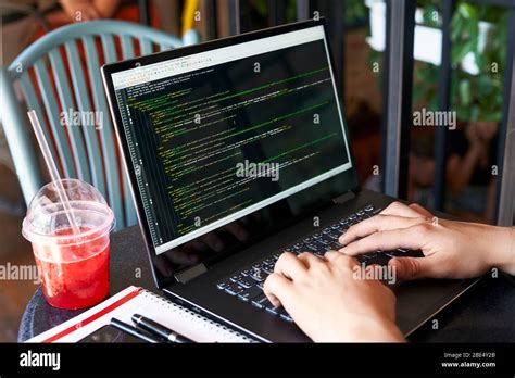 Developer Programmer With Laptop Program Code And Script Data On
