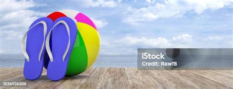 여름 해변 휴가입니다 퍼와 나무로 되는 갑판 푸른 바다와 하늘 배경 배너에 비치 볼을 튀기 십시오 공간을 복사 합니다 3 차원 일러스트 레이 션 던지기에 대한 스톡 사진 및