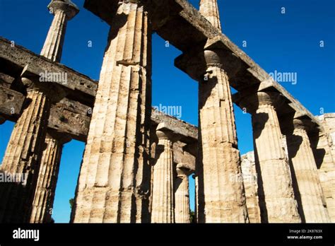 Doric Columns Temple Of Poseidon Paestum Unesco World Heritage Site Province Of Salerno