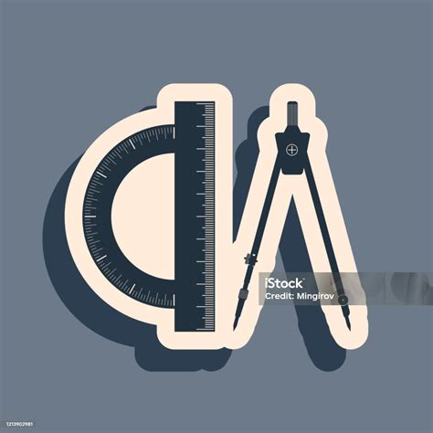 회색 배경에 격리 된 검은 색 각도기 및 그리기 나침반 아이콘입니다 전문 악기를 그리기 기하학적 장비 교육 표지판 긴 그림자