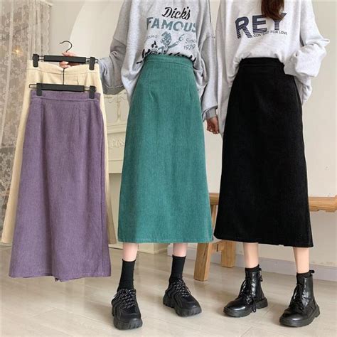 กระโปรงเอวสูง ผ้าลูกฟูก ทรงเอ เข้ารูป แฟชั่นฤดูใบไม้ร่วง และฤดูหนาว สไตล์เกาหลีเรโทร สําหรับ