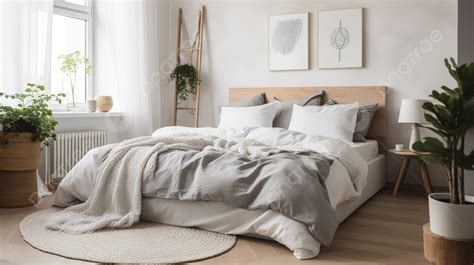 회색과 흰색 침구가 있는 미니멀한 침실 깨끗한 침실 사진 침실 집 배경 일러스트 및 사진 무료 다운로드 Pngtree